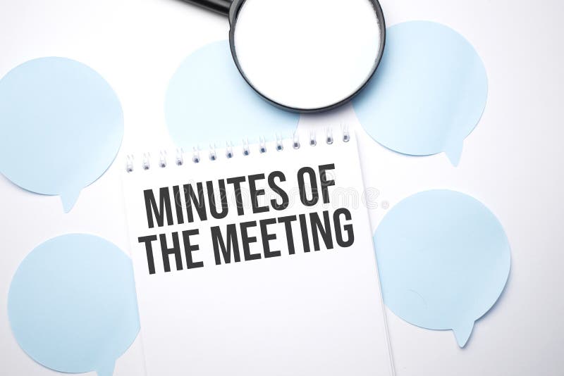 White Noteapad and Magnifier on Blue Speech Bubles. Text MINUTES of the ...