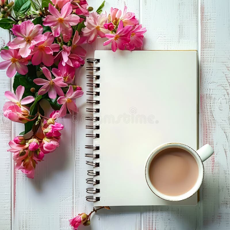 White Notebook with a Pink Flower on the Left Side Stock Image - Image ...