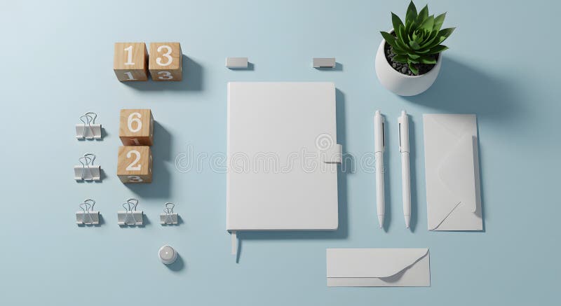 White Notebook and Stationary Arrangement on Blue Surface Minimalist ...