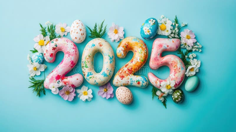 White Numbers 2025 on Background Decorated with Flowers and Greenery ...