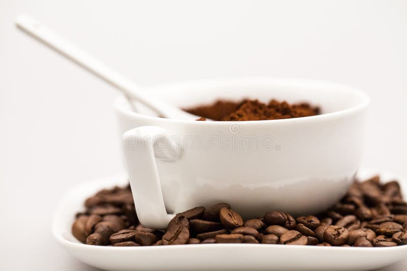 White Objects, Coffee Beans and Coffee Powder Stock Photo - Image of ...