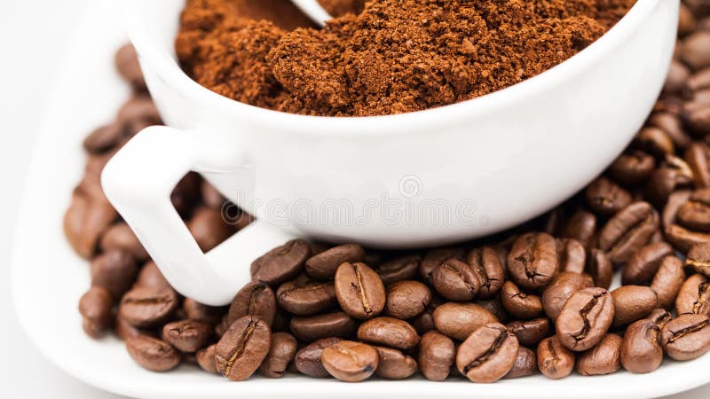 White Objects, Coffee Beans and Coffee Powder Stock Photo - Image of ...