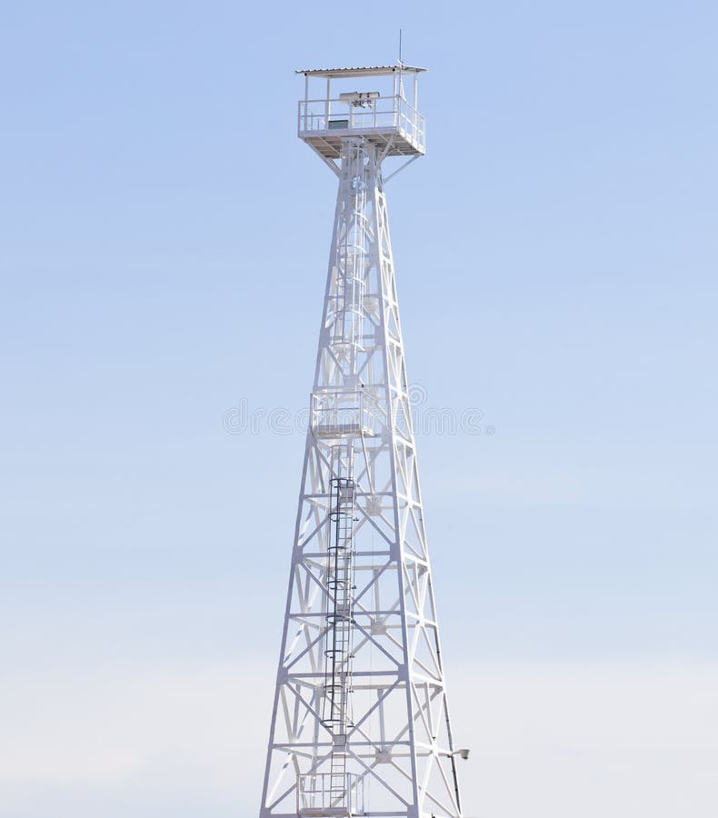 White Observation Tower and Blue Sky Background Stock Image - Image of ...