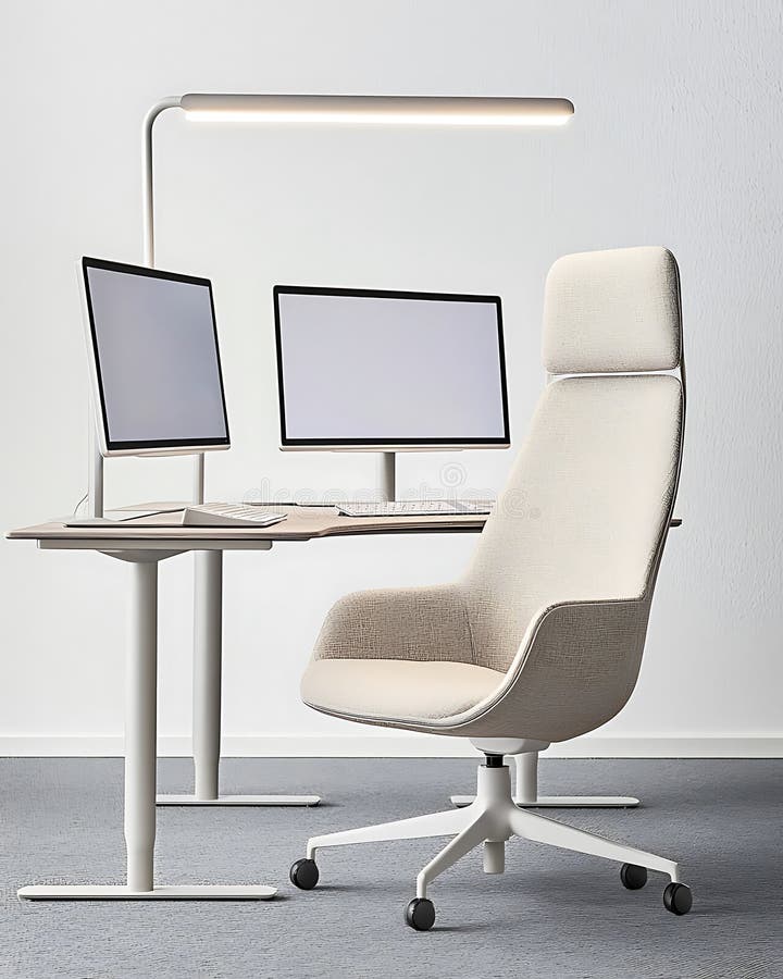 A White Office Chair Sits in Front of a Desk with Two Computer Monitors ...