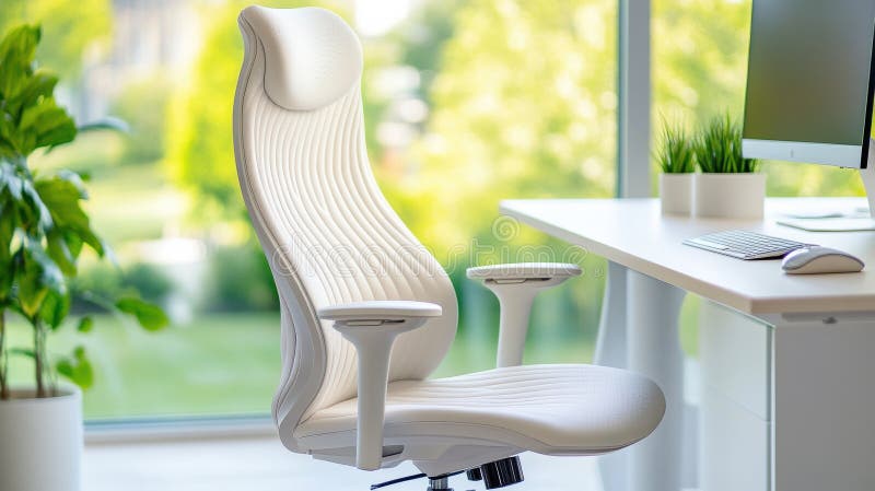 A White Office Chair Sitting in Front of a Computer Monitor, AI Stock ...