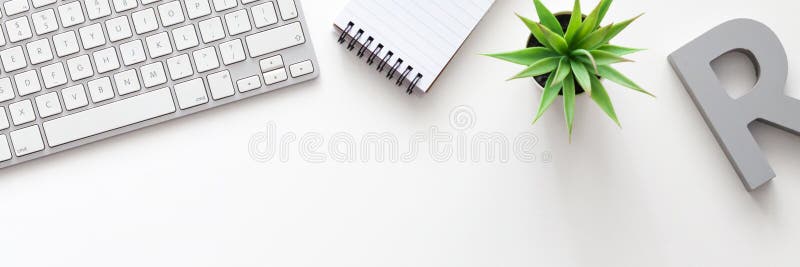 White Office Desk with Copy Space. Keyboard, Notebook and Succulent ...