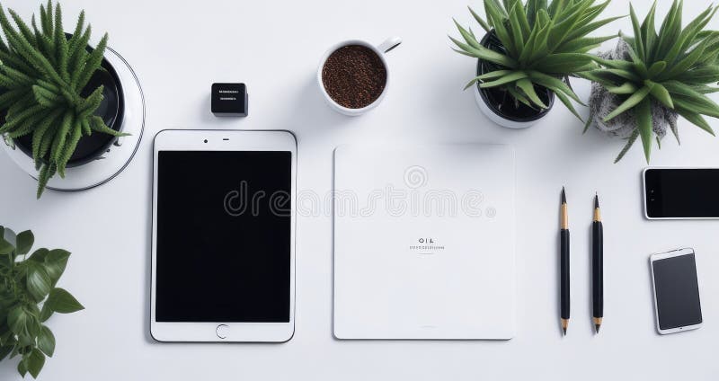 White Office Desk Laptop with a Tablet Flat Lay Stock Illustration ...