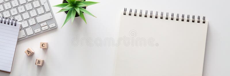 White Office Desk with Mockup. Keyboard, Notebook and Succulent. View ...