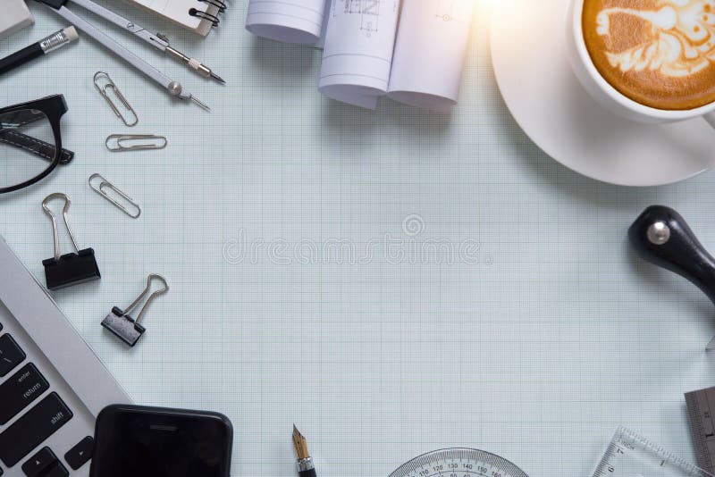 White Office Desk Table with of Architect. Top View Stock Image - Image ...