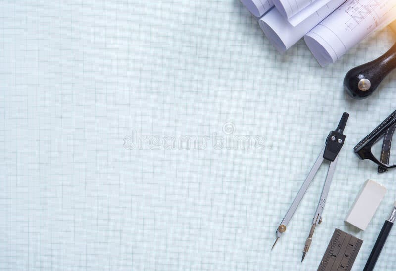 White Office Desk Table with of Architect. Stock Photo - Image of ...