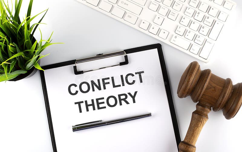 White Office Desk Table with Blank Sheet , Text CONFLICT THEORY ...
