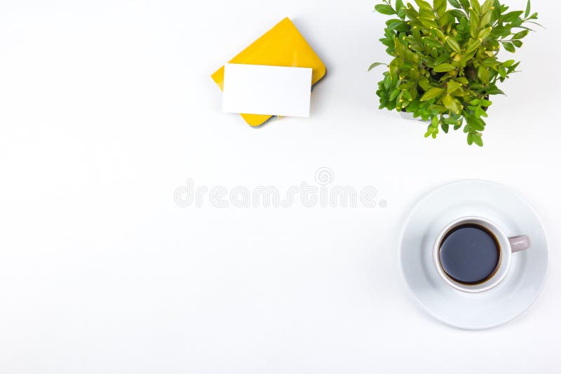 White Office Desk Table with Computer, Pen and a Cup of Coffee, Lot of ...