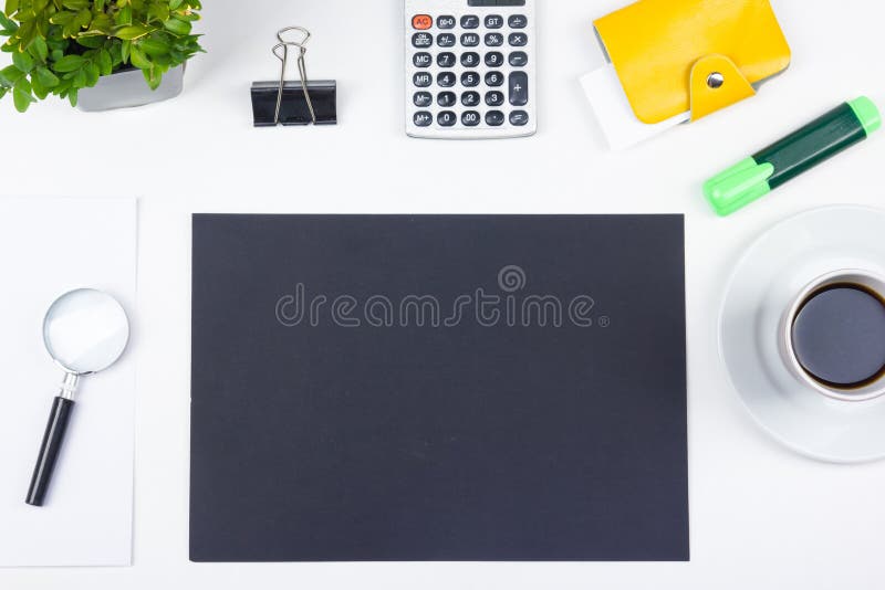 White Office Desk Table with Computer, Pen and a Cup of Coffee, Lot of ...