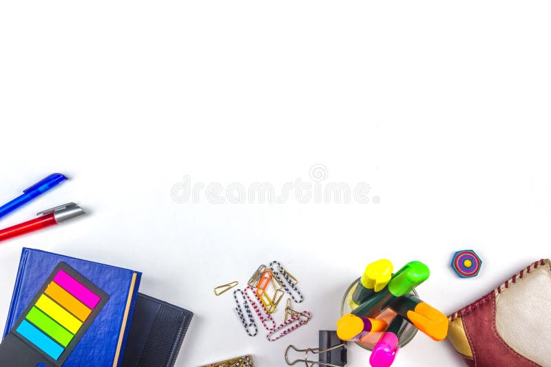 White Office Desk Table with Computer, Pen and a Cup of Coffee, Lot of ...