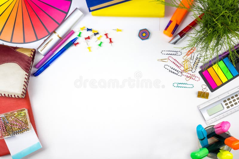 White Office Desk Table with Computer, Pen and a Cup of Coffee, Lot of ...