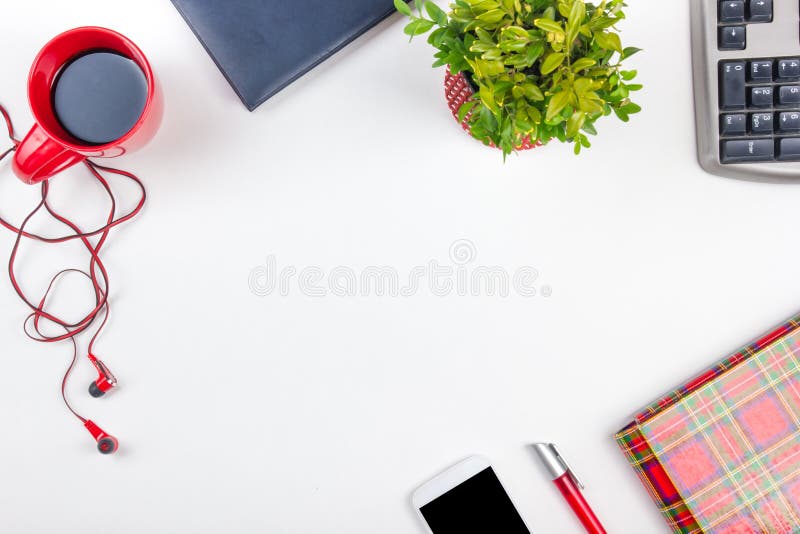 White Office Desk Table with Computer, Pen and a Cup of Coffee, Lot of ...