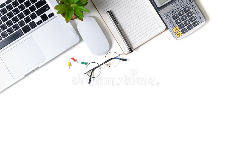 White Office Desk Table with Laptop Computer and Blank Notebook Stock ...