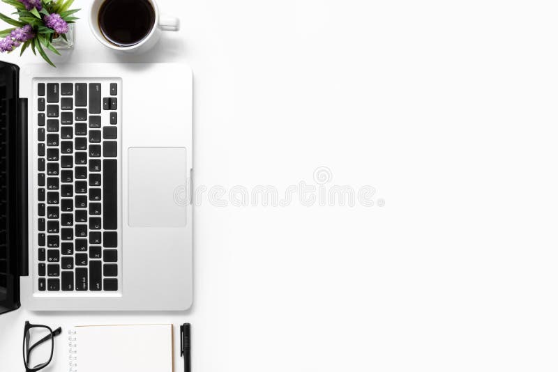 White Office Desk Table with Laptop Computer, Cup of Coffee and Office ...