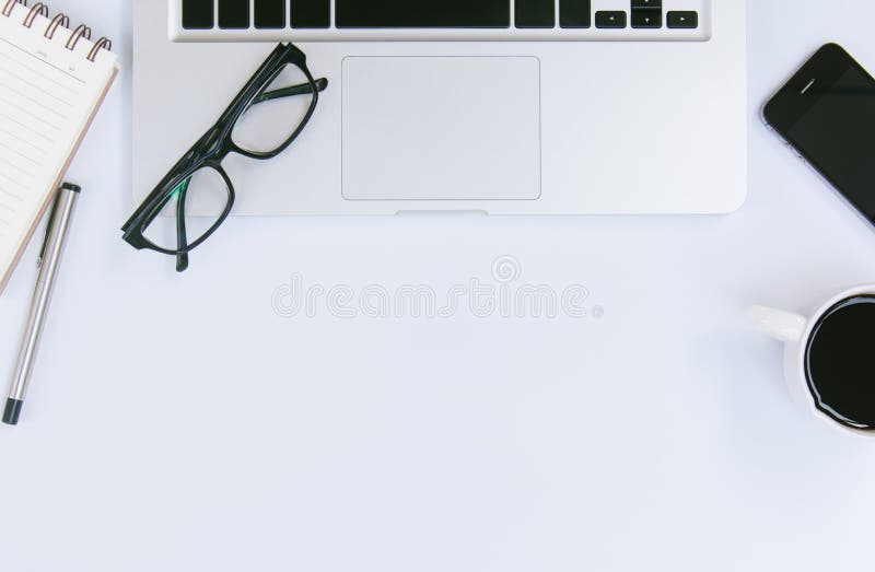 White Office Desk Table with a Lot of Things on it. Top View Wit Stock ...