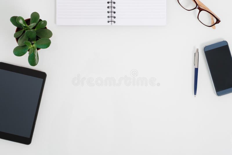 White Office Desk Table and Office Objects.High Angle View with Copy ...