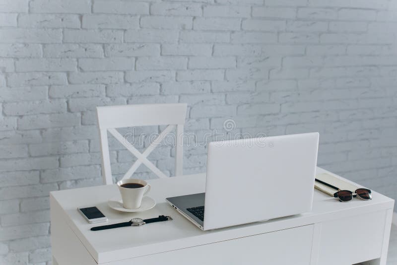 White Office desktop stock image. Image of computer, laptop - 84826391