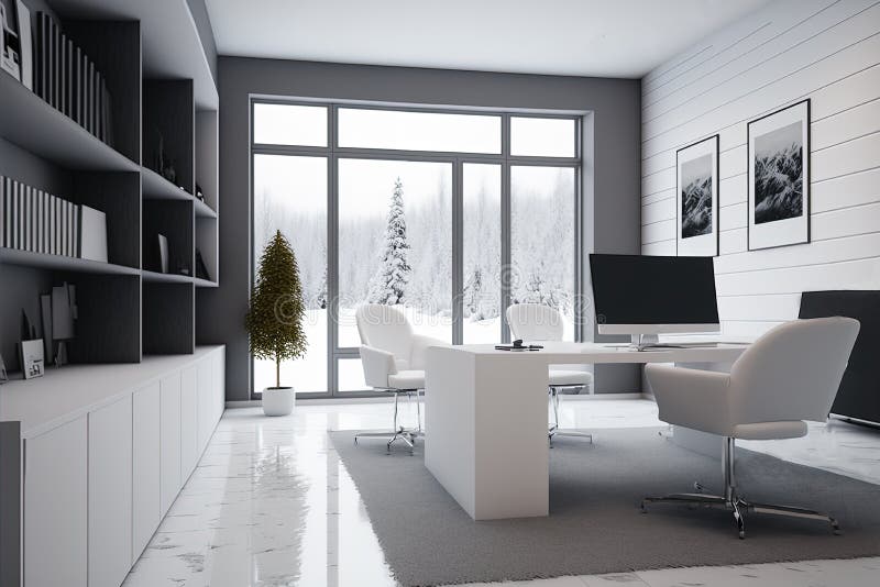 White Office Interior Design with Computer on the Table and Big ...