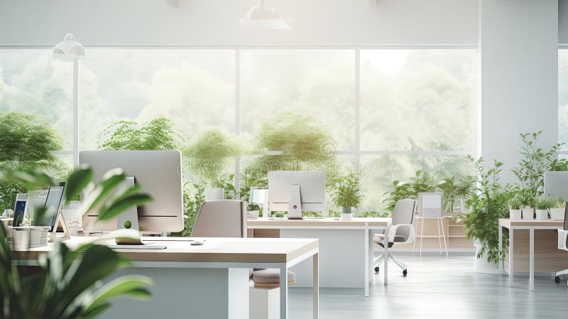 White Office Interior with Green Plants. Greenery in the Clean and ...