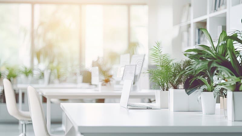 White Office Interior with Green Plants. Greenery in the Clean and ...