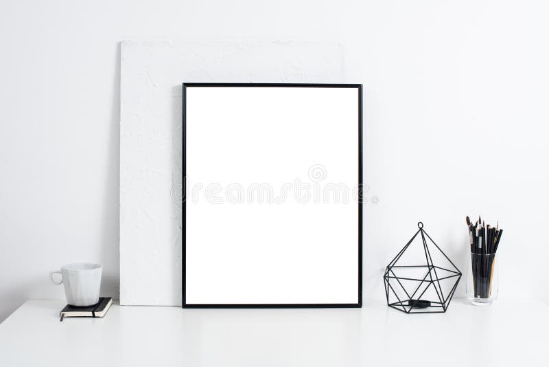 White Office Interior, Stylish Work Table Space with Poster Artw Stock ...