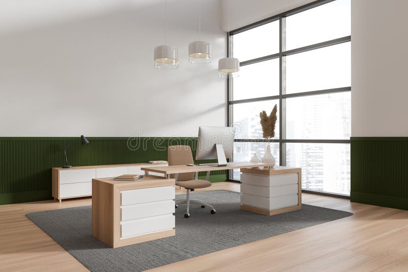 White Office Interior with Workplace, Pc Computer and Panoramic Window ...
