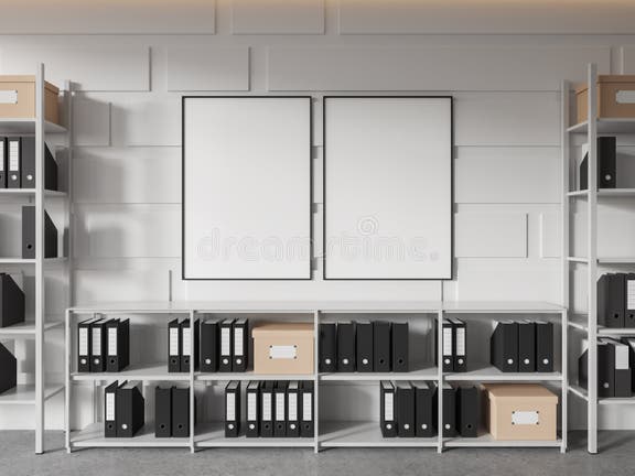 White Office Shelves with Folders and Posters Stock Illustration ...