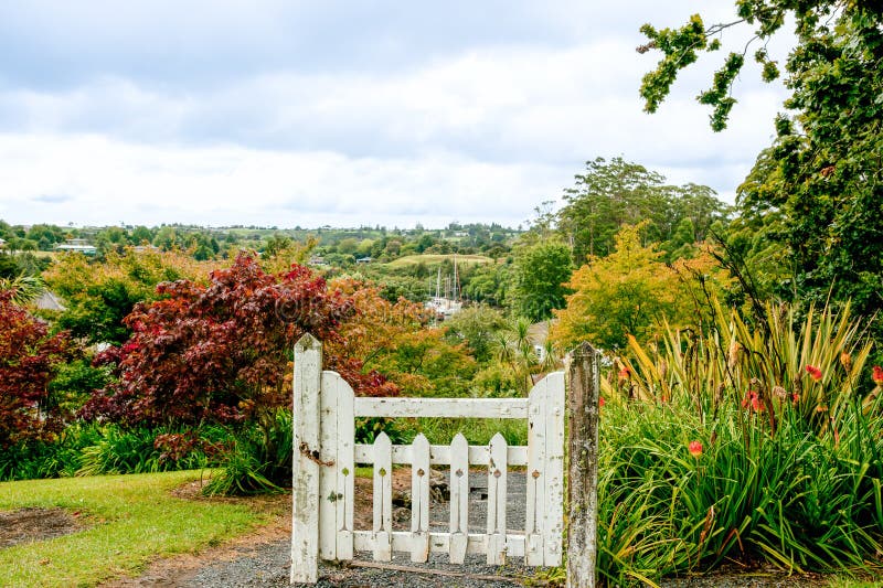 White Old-fashioned Gate in Landscape. Stock Image - Image of view ...