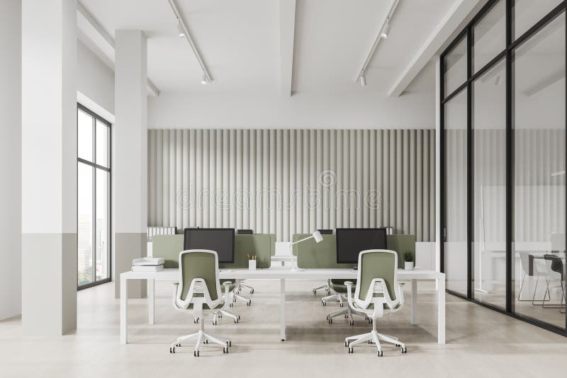 White and Olive Open Space Office with Columns Stock Illustration ...