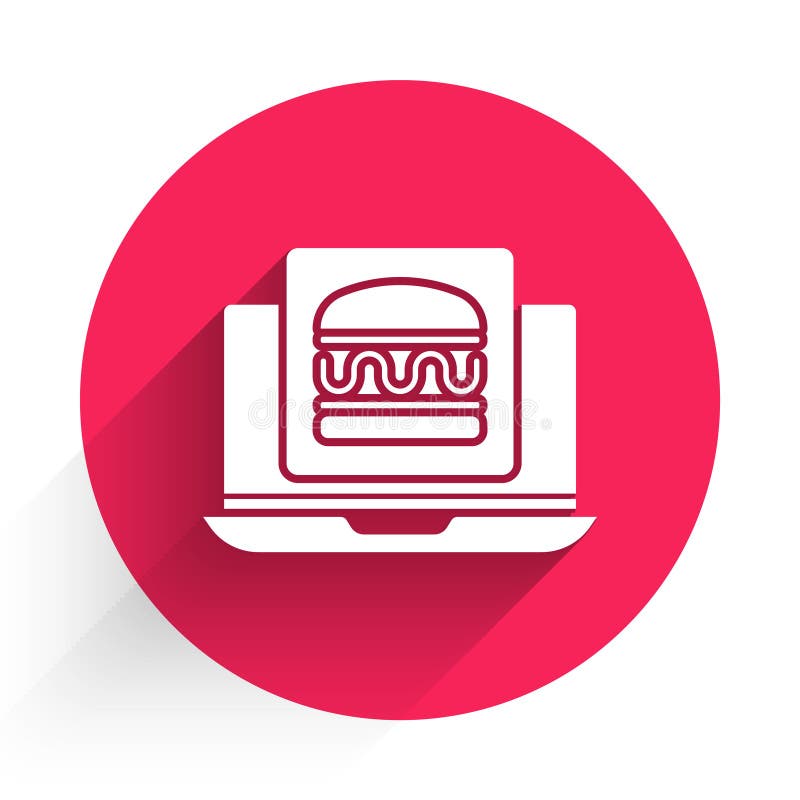 White Online Ordering and Burger Delivery Icon Isolated with Long ...