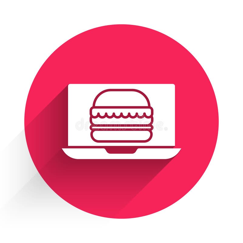 White Online Ordering and Burger Delivery Icon Isolated with Long ...