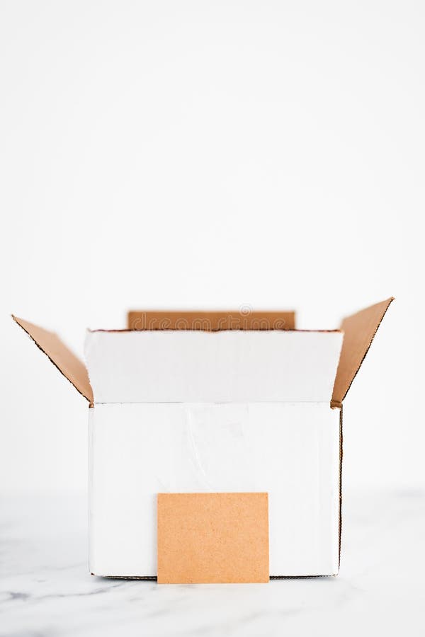 White Open Box or Parcel with Blank Label with Copy Space, Concept of ...