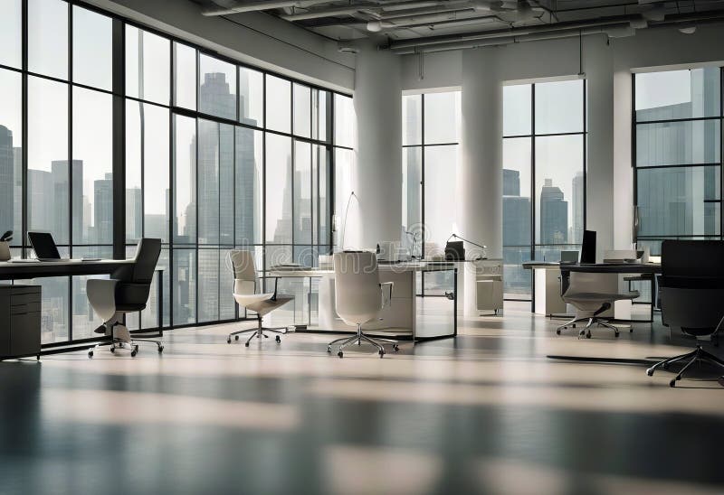 White Open Space Office with Empty Wall and White Windows Stock ...