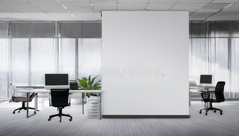 White Open Space Office Interior with Blank Wall Stock Illustration ...