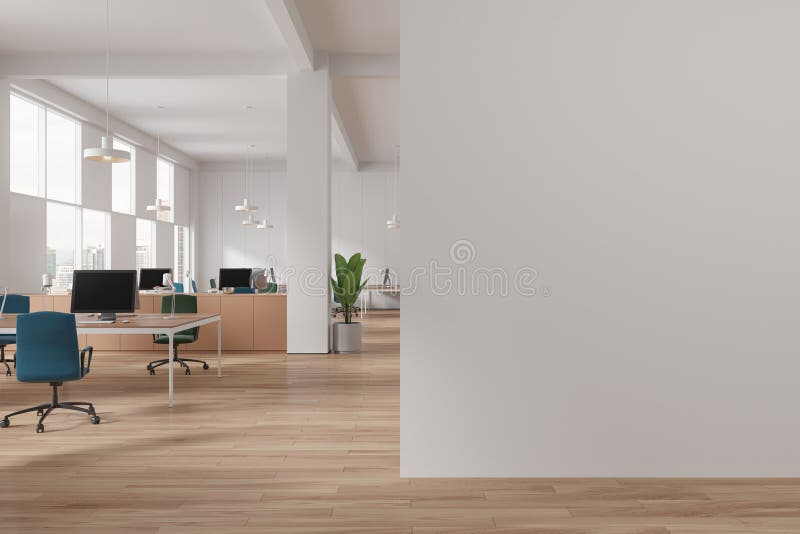 White Open Space Office Interior with Checkered Windows and Blank Wall ...