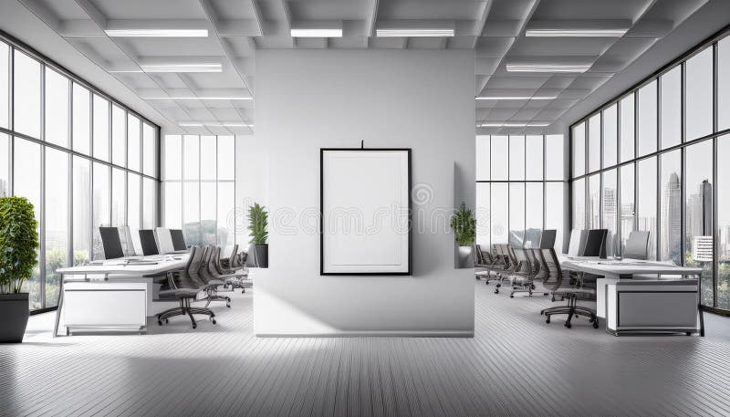 White Open Space Office Interior with Poster Stock Illustration ...