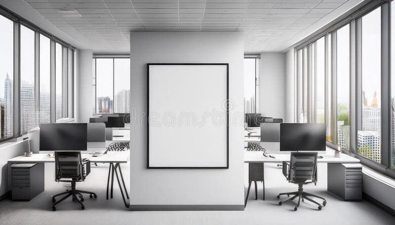 White Open Space Office Interior with Poster Stock Illustration ...