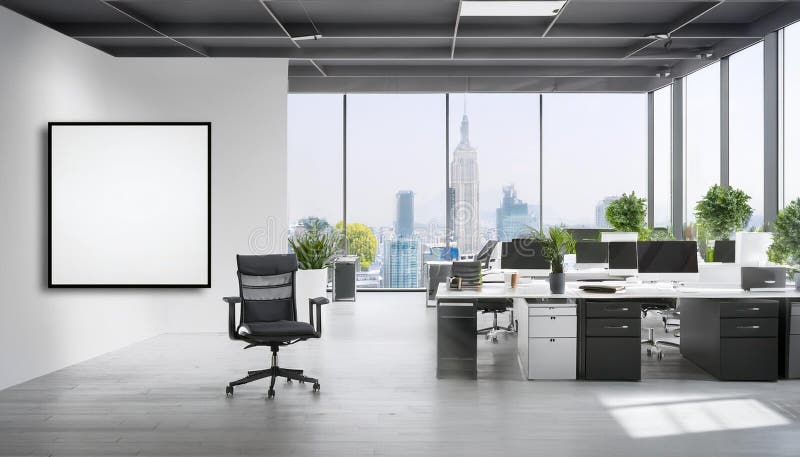 White Open Space Office Interior with Poster Stock Illustration ...
