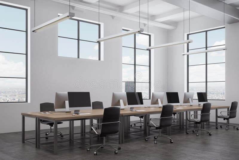 White Open Space Office Interior, Side View Stock Illustration ...