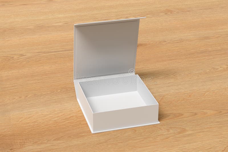 White Opened Square Folding Gift Box Mock Up on Wooden Background. Side ...
