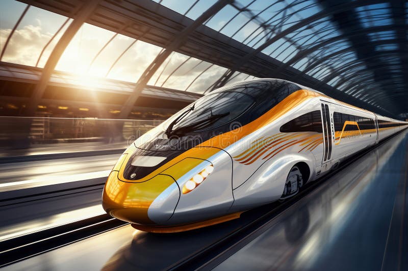 A White and Orange Express Train Traveling through a Train Station ...