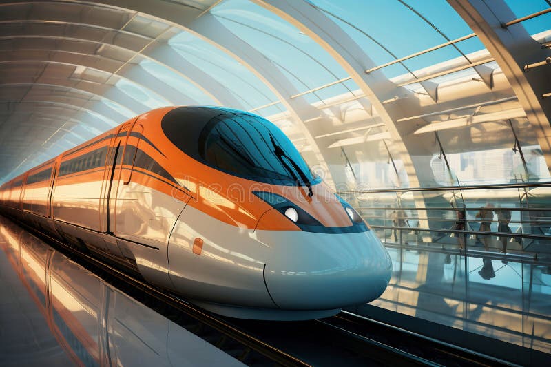 A White and Orange Express Train Traveling through a Train Station ...