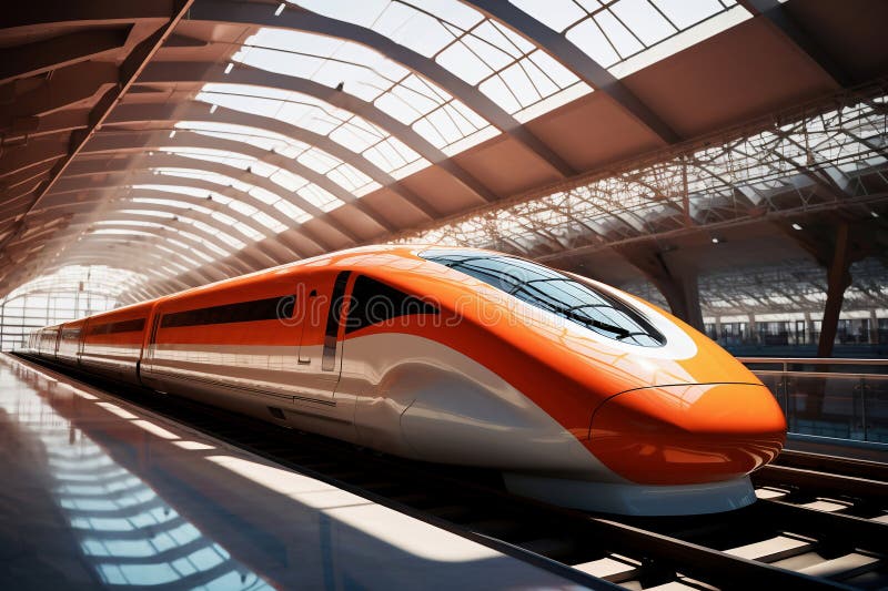 A White and Orange Express Train Traveling through a Train Station ...