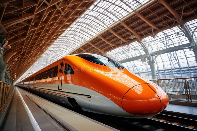 A White and Orange Express Train Traveling through a Train Station ...