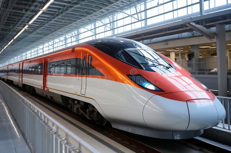 A White and Orange Express Train Traveling through a Train Station ...