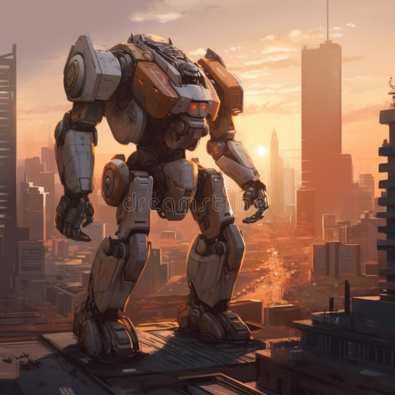 White and Orange Mecha Giant Robot Over Cityscape, Created Using ...